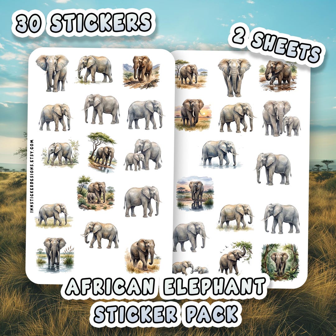 African Elephant Sticker Pack, Journal Planner Scrapbook Decals (glossy ...