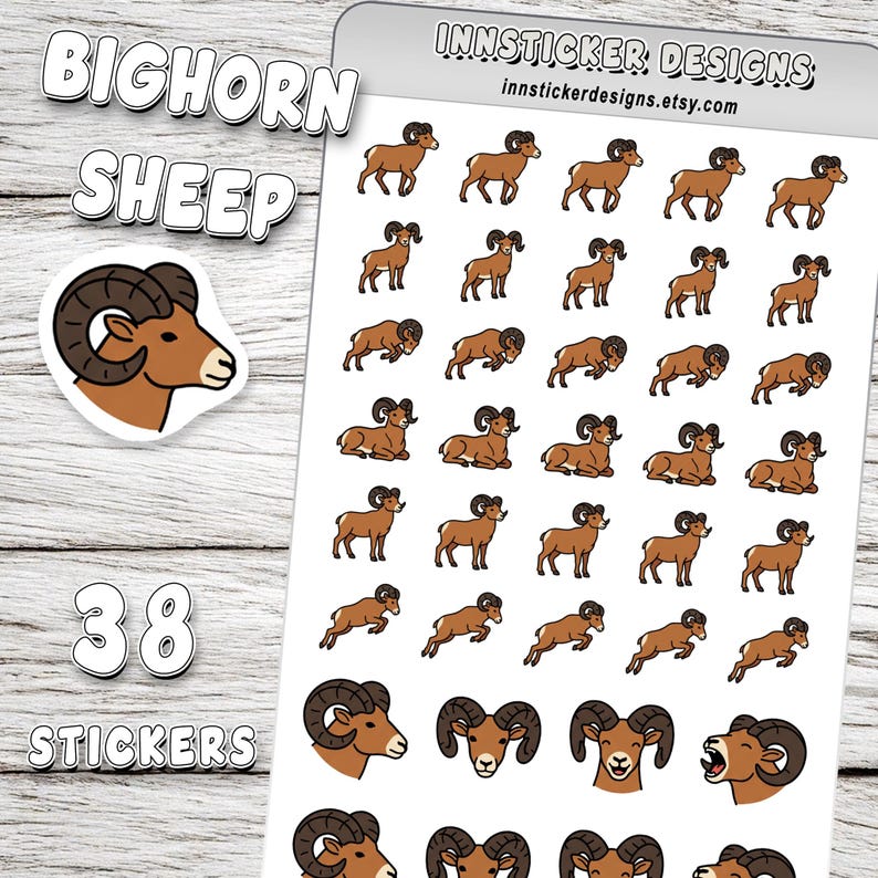 Mini Bighorn Sheep Icon Sticker Sheet, 38 Cartoon Animal Stickers ...