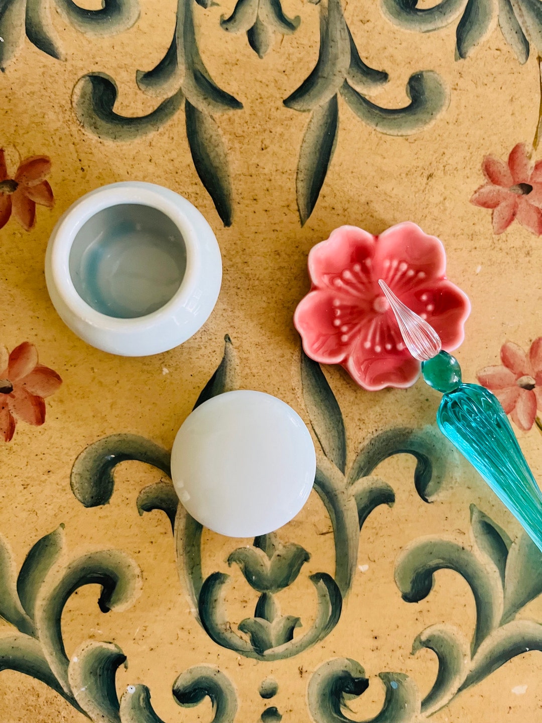 Baby Blue Ceramic Ink Well With Ceramic Pen Rest Small Wide Mouth Dip ...