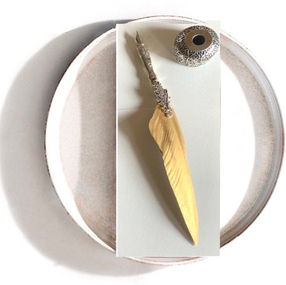 Hand Painted Gold Feather Quill Pen With Pen Stand Feather - Etsy