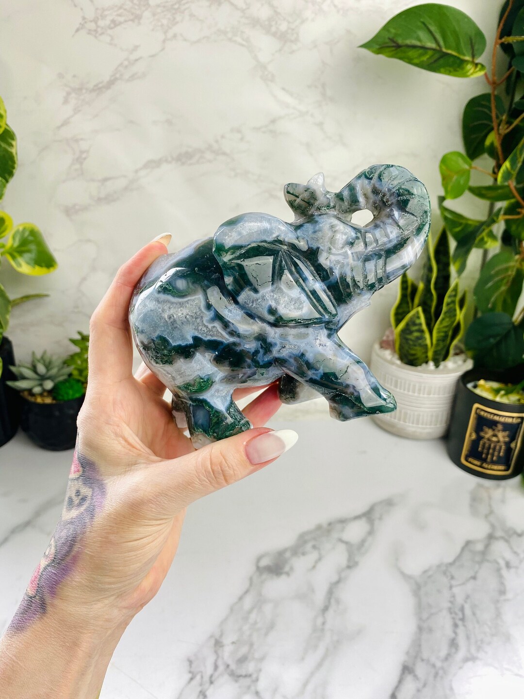 Large Moss Agate Elephant/genuine Moss Agate/crystal Carvings/crystal ...