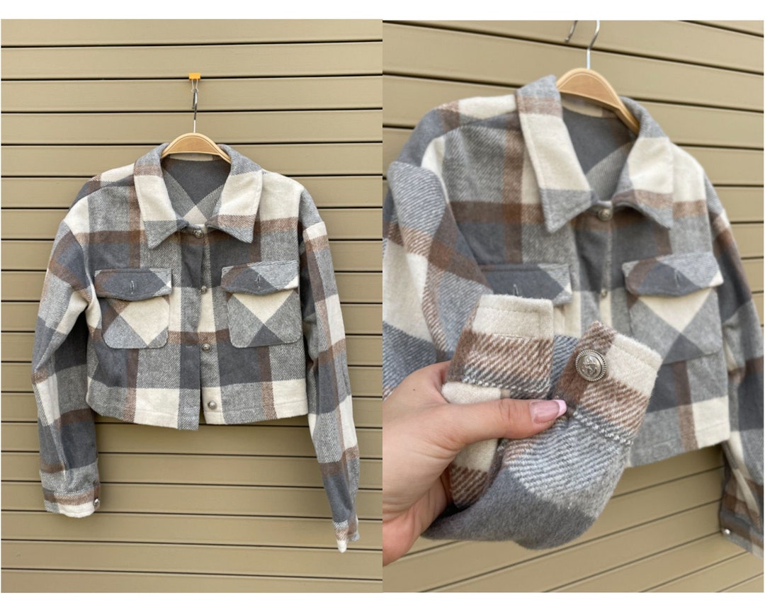 On.rack Neutral Color Lapels Single-breasted Shacket Short Plaid ...