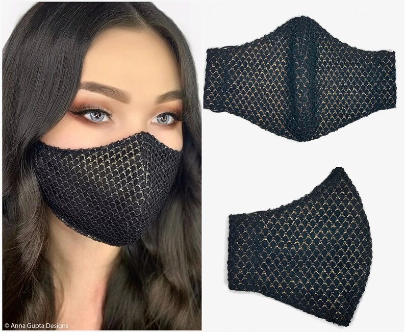 Ultimate Luxury Black & Gold Lace Designer Face Mask With Filter Pocket ...