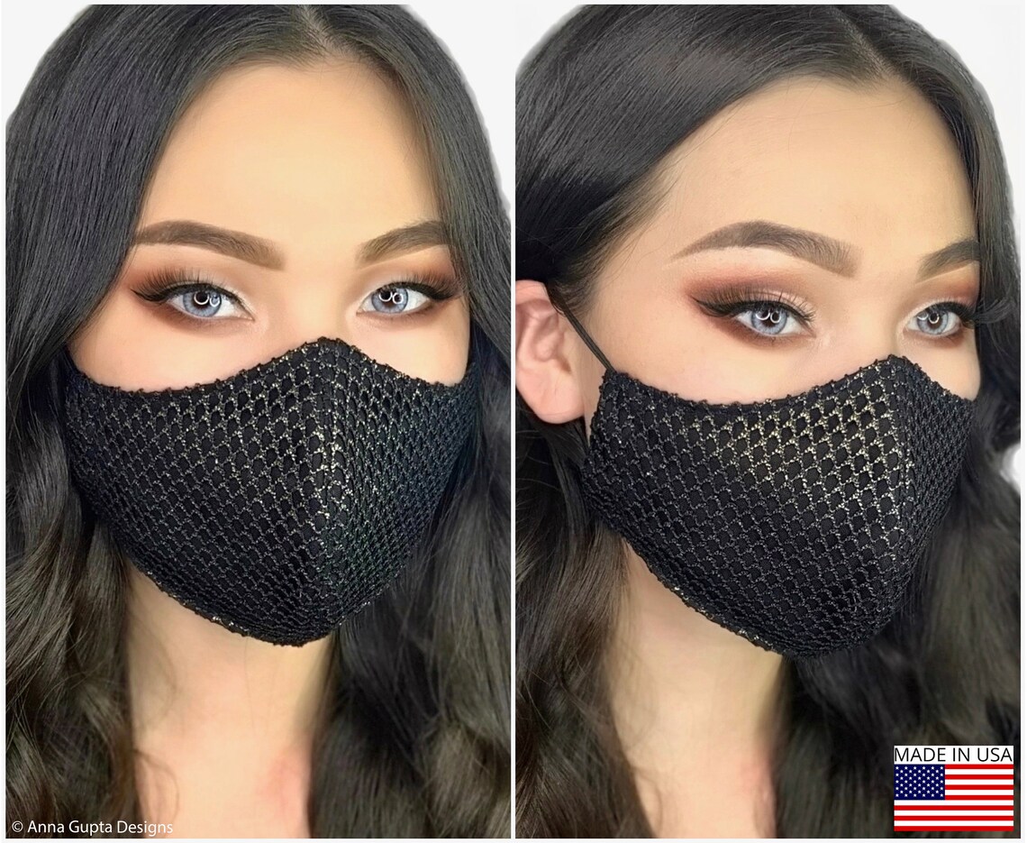 Ultimate Luxury Black & Gold Lace Designer Face Mask With Filter Pocket ...