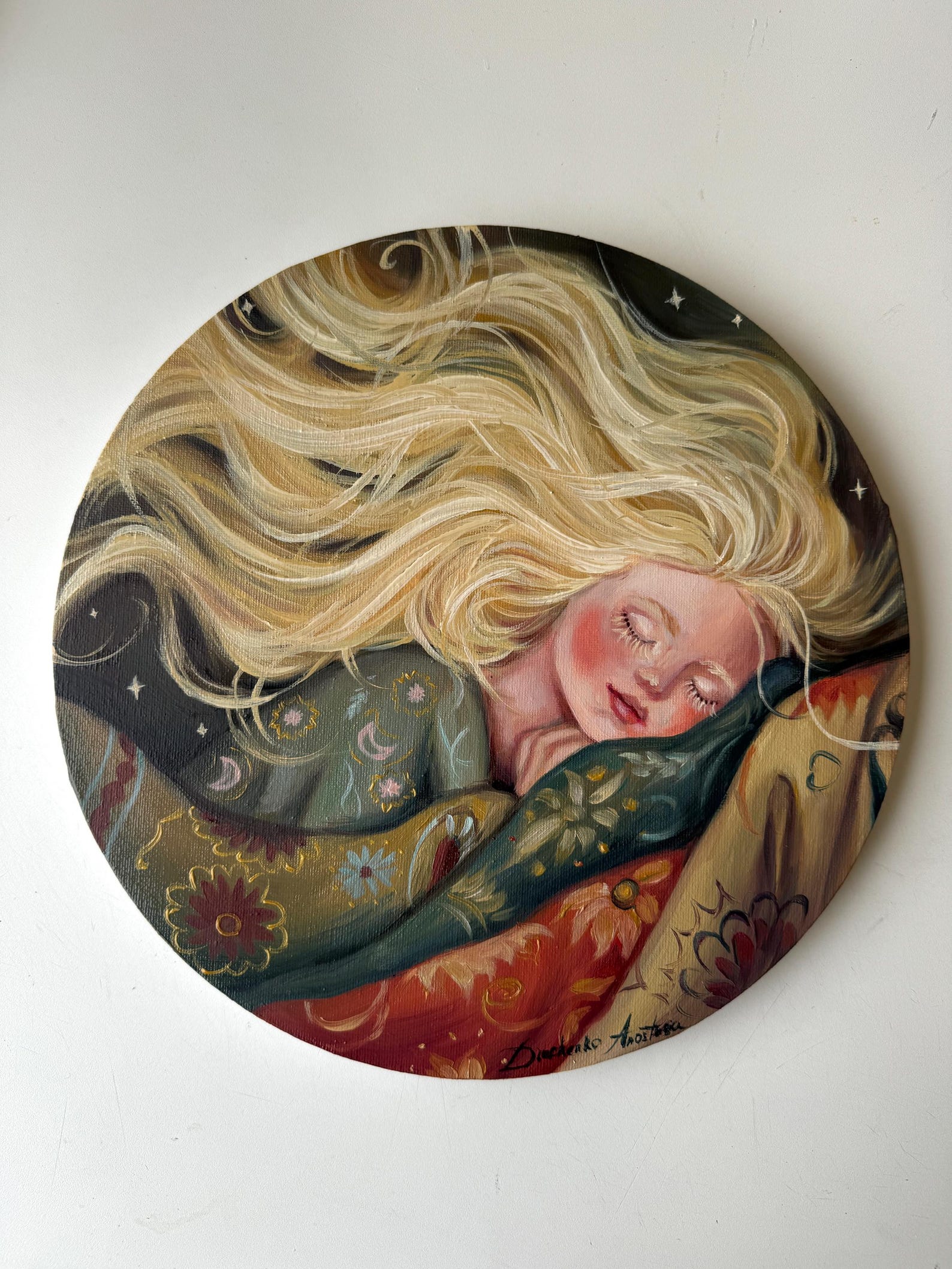 Dreaming Girl Oil Painting: Whimsical Bedtime Art on Round Canvas - Etsy