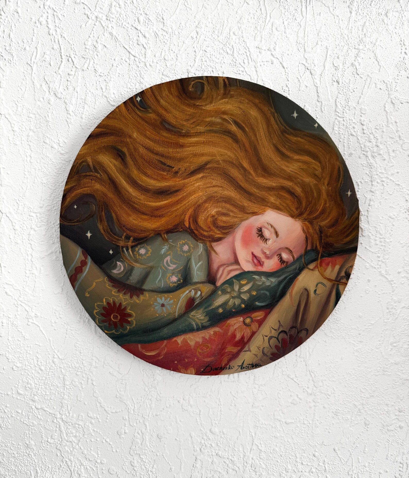Dreaming Girl Oil Painting: Whimsical Bedtime Art on Round Canvas - Etsy