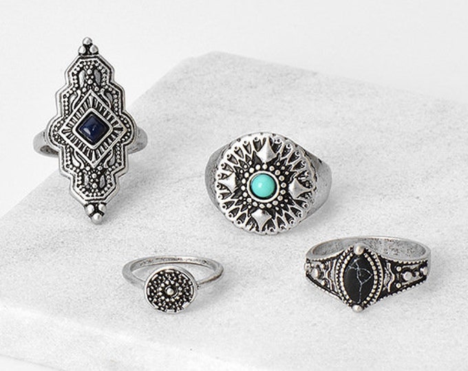 4 Piece Boho Ring Set - Patterned Vintage Rustic Bohemian Ring ...