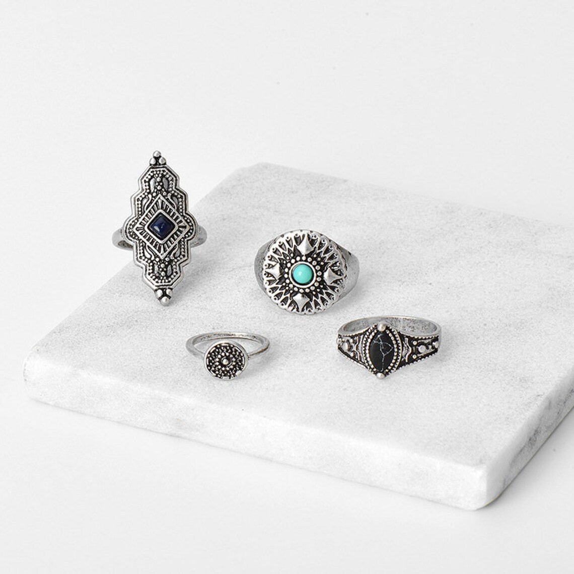4 Piece Boho Ring Set Patterned Vintage Rustic Bohemian Ring | Etsy