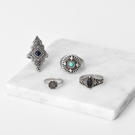 4 Piece Boho Ring Set Patterned Vintage Rustic Bohemian Ring | Etsy