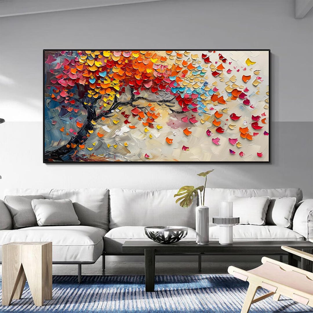 Original 3D Tree Oil Painting on Canvas, Large Textured Colorful Fall ...