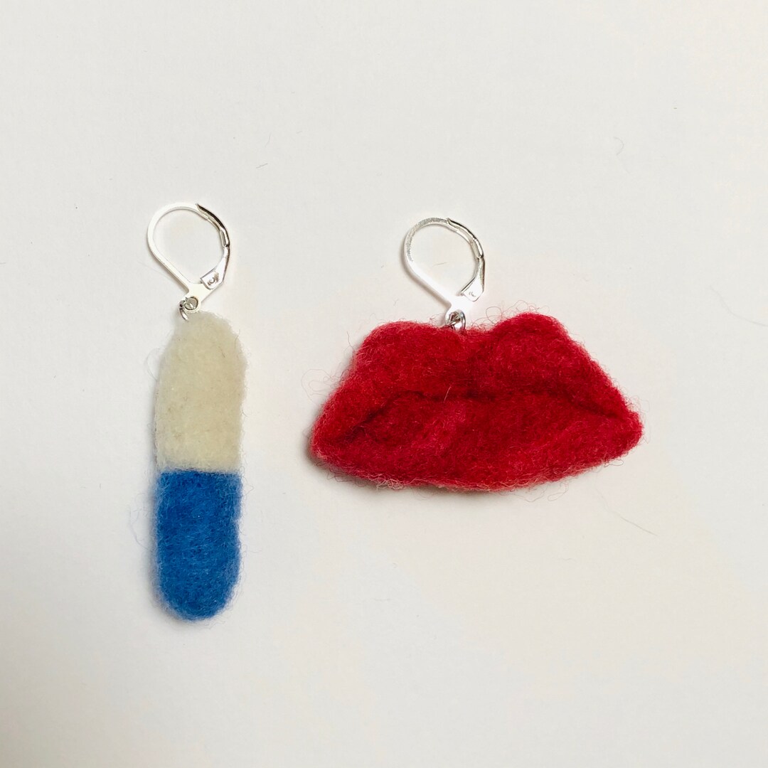 Needle Felted Lip and Pill Mismatch Earrings - Etsy