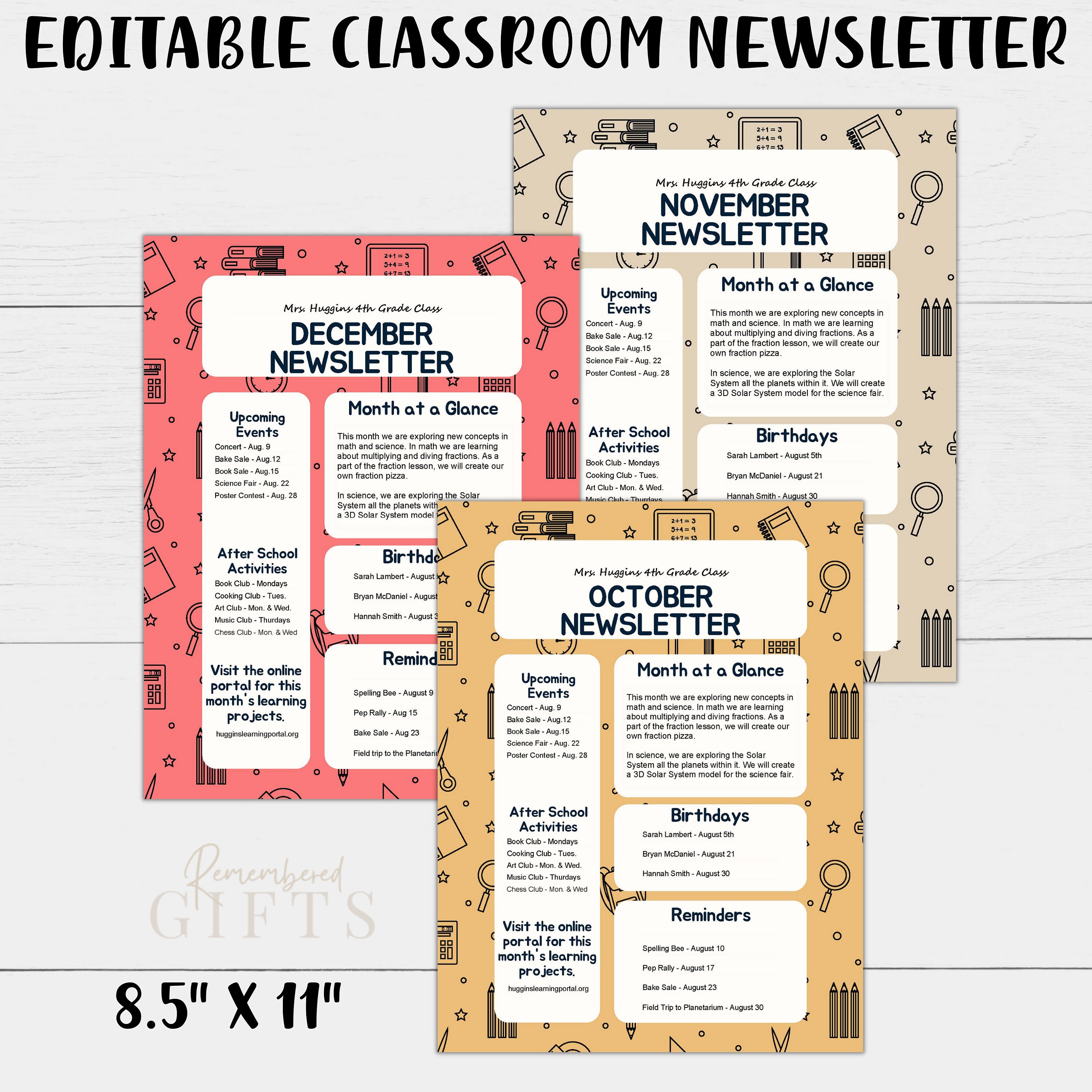 Editable Classroom School Newsletter Monthly Classroom Newsletter 12 ...