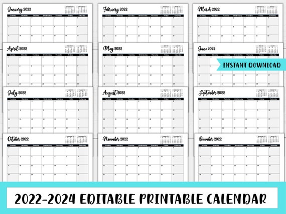 2022-2024 Editable Printable Calendars Editable Calendar - Etsy Australia