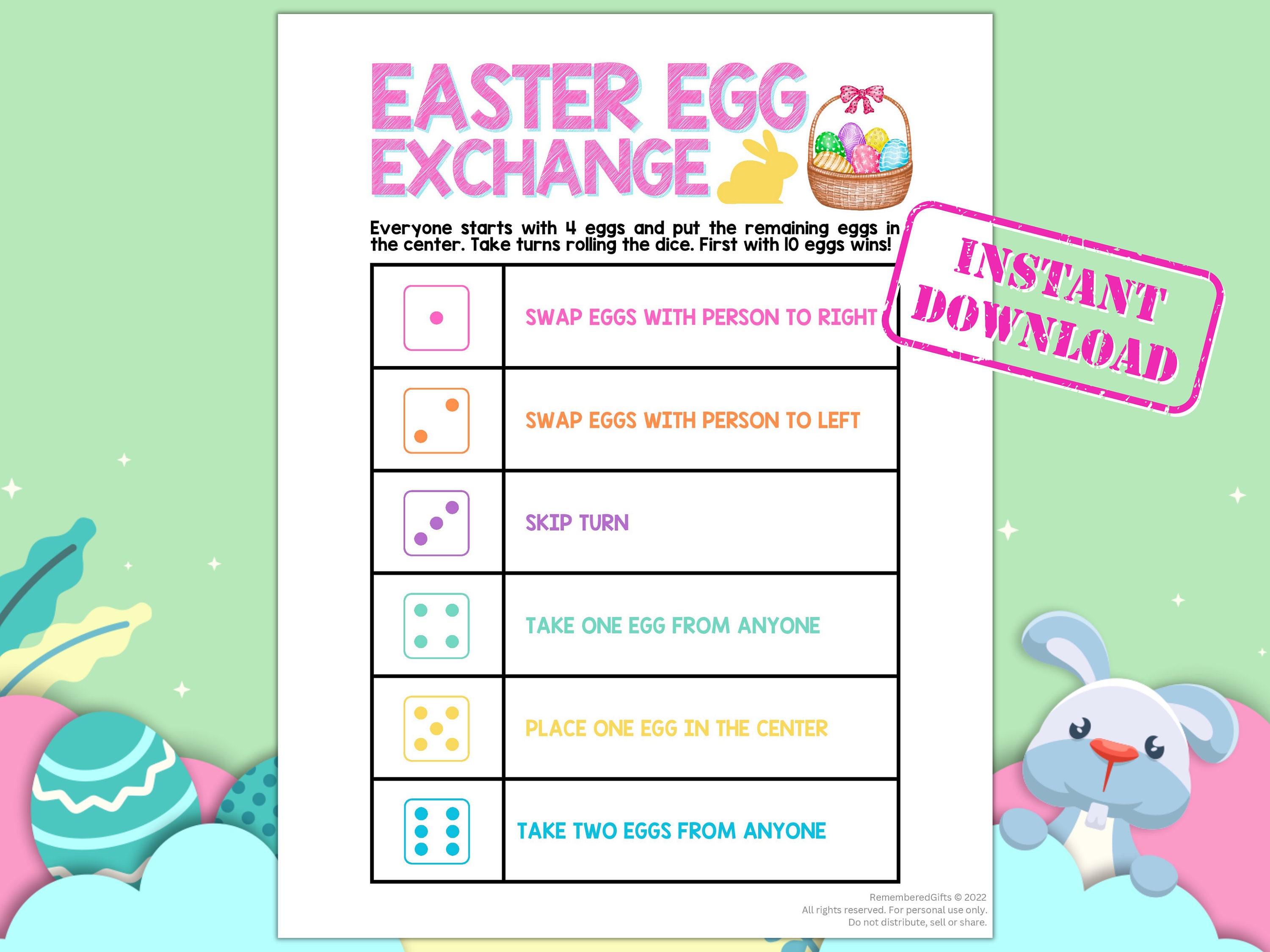 Easter Egg Exchange Dice Game Printable Easter Games Easter Group Party ...