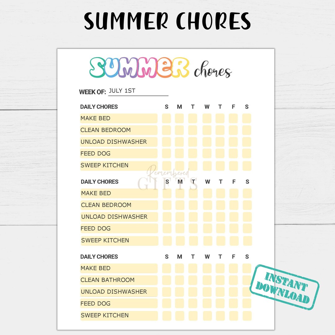 Printable Summer Chores Checklist: Editable Kids Routine Chart (digital ...