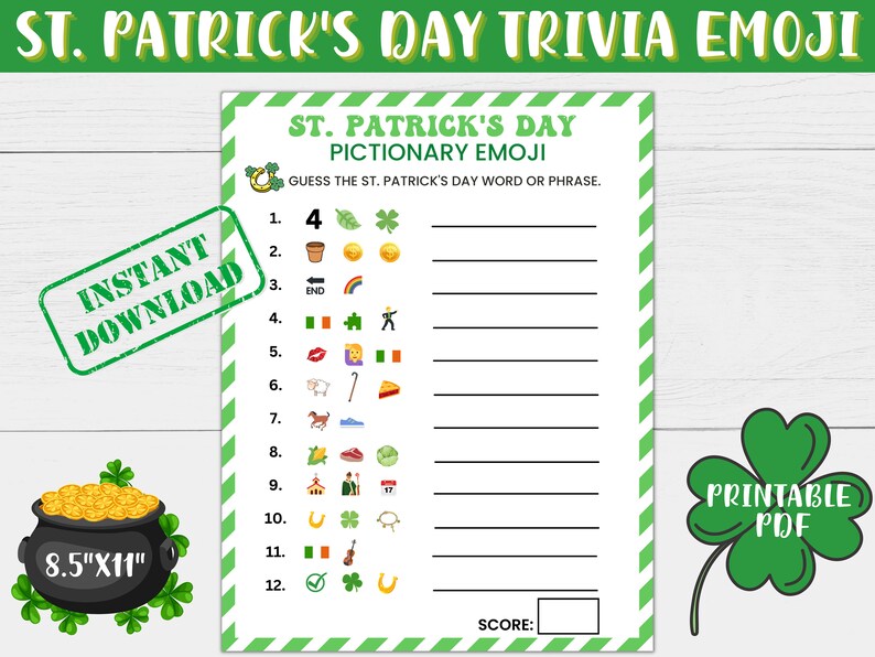 St. Patrick's Day Emoji Pictionary Game St. Patty's Day Printable Game ...