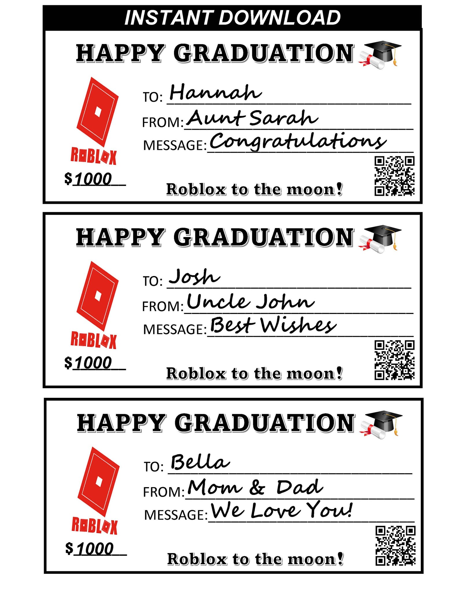 ROBLOX GIFT CERTIFICATE Graduation Gift Certificate Roblox | Etsy