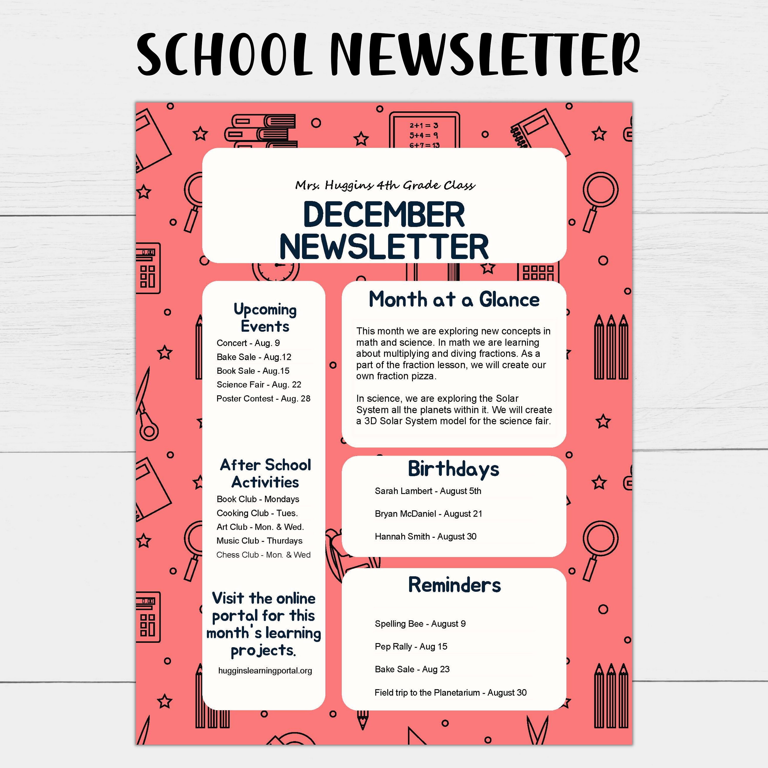 Editable Classroom School Newsletter Monthly Classroom Newsletter 12 ...