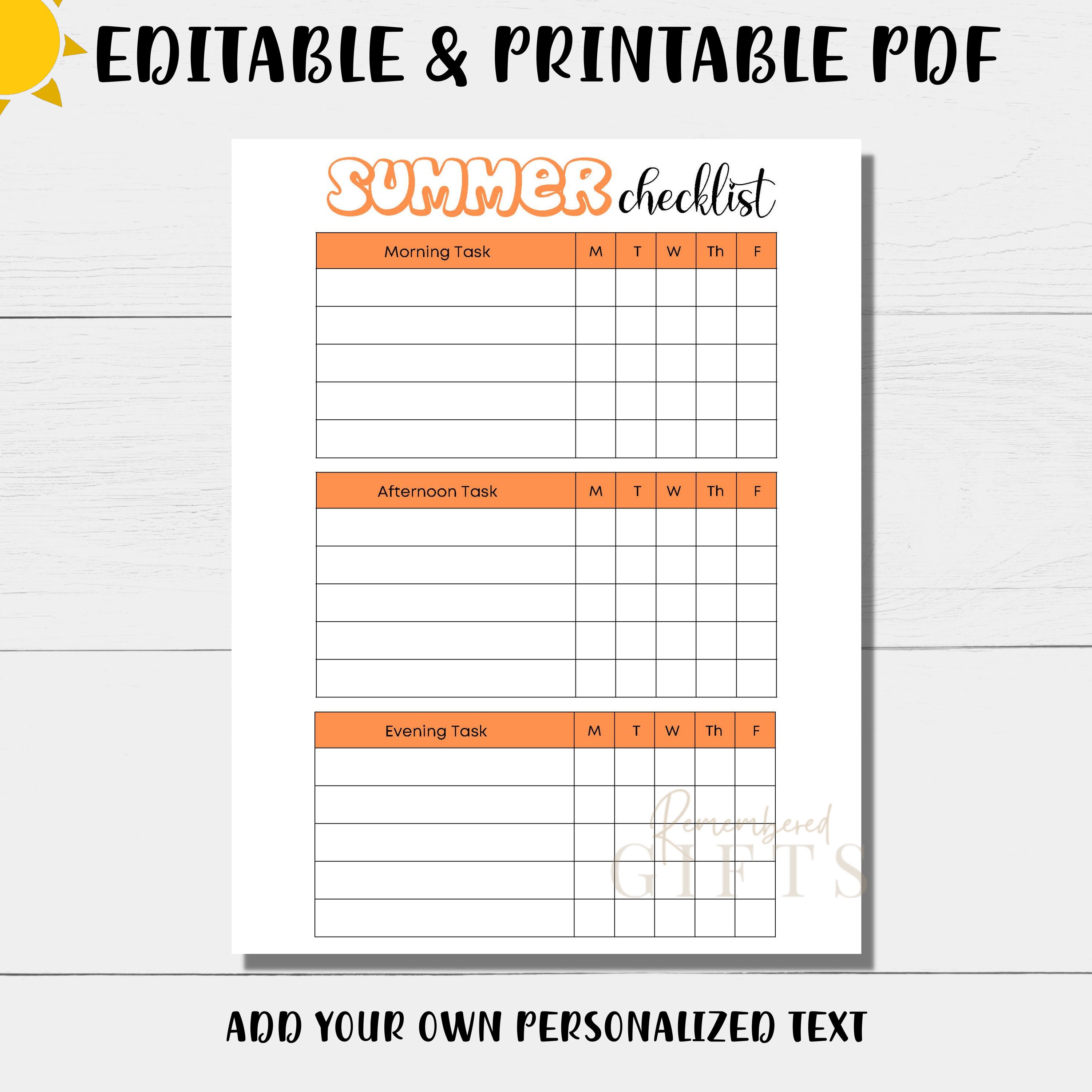 Printable Editable Summer Checklist Summer Checklist Summer Routine ...