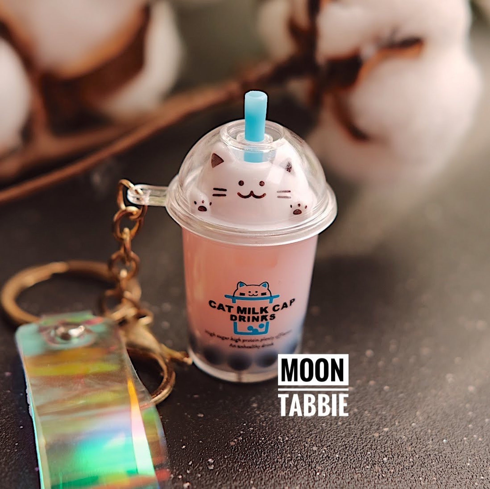 Pink Meow Boba Liquid Keychain Boba Keychain Quicksand | Etsy