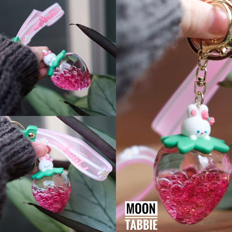 Strawberry Liquid Keychain Animal Keychain Quicksand - Etsy