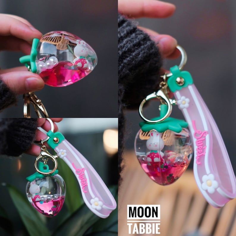 Strawberry Liquid Keychain Animal Keychain Quicksand - Etsy