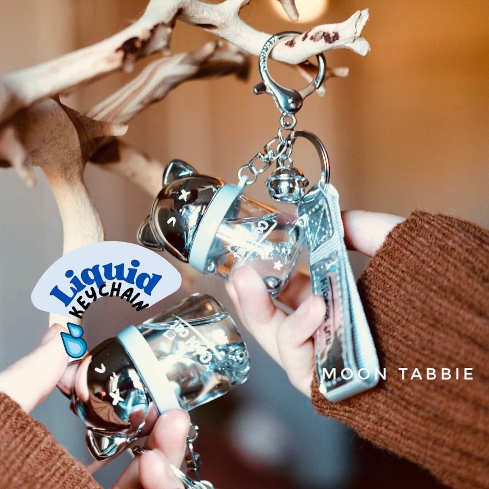 Silver Cat Liquid Keychain, Animal Keychain, Quicksand Keychain, Kawaii ...