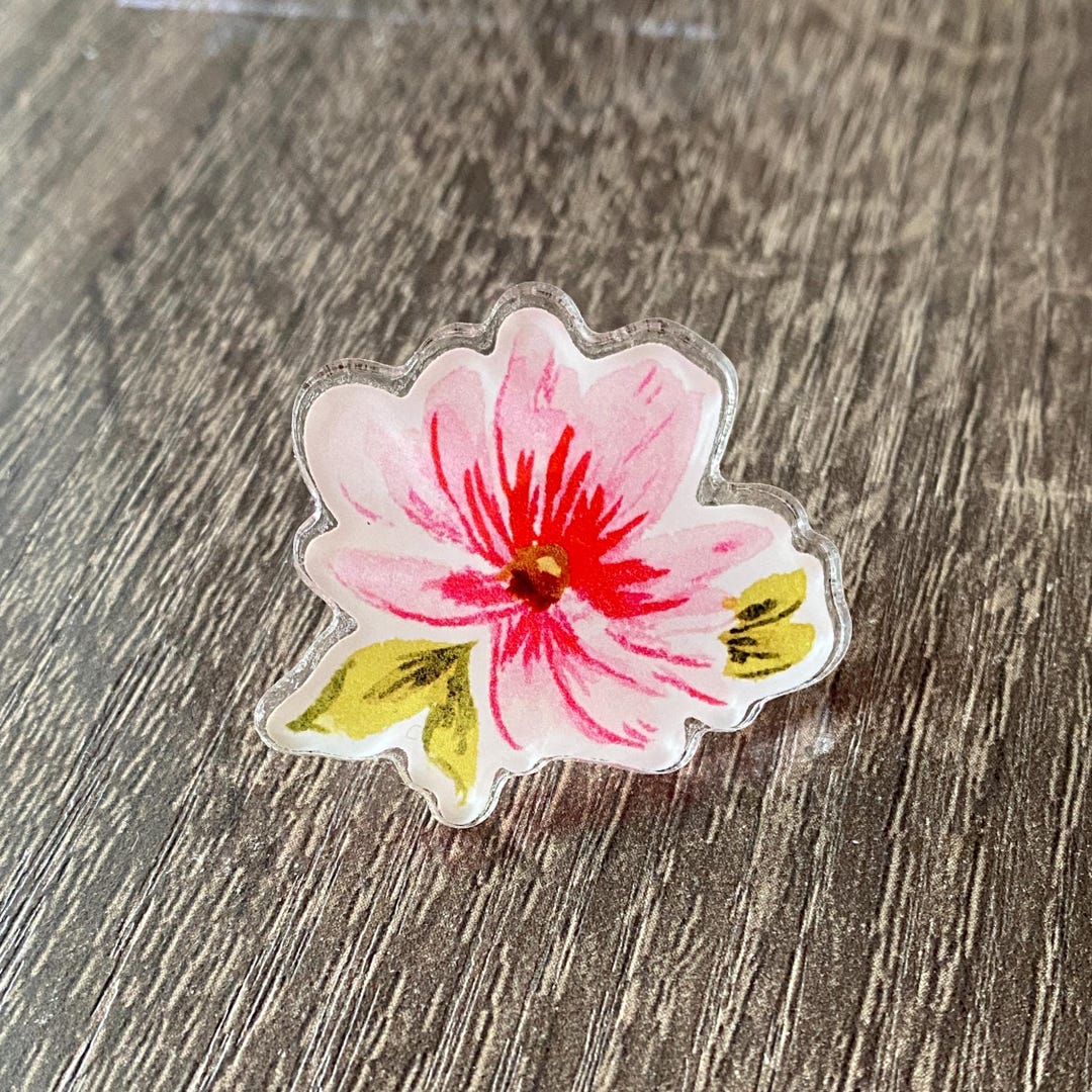 Painted Flower Pin With Pink Original Floral Design Acrylic Pinback ...
