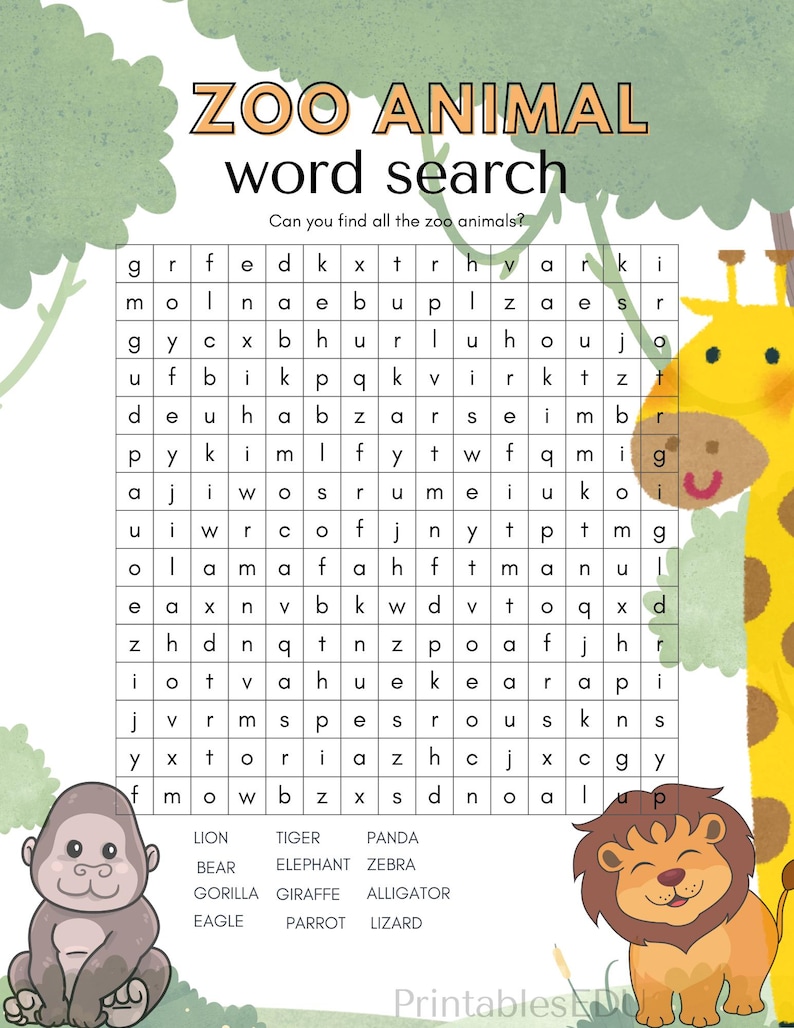 Zoo Animal Word Search: A Fun Learning Activity for Students - Etsy
