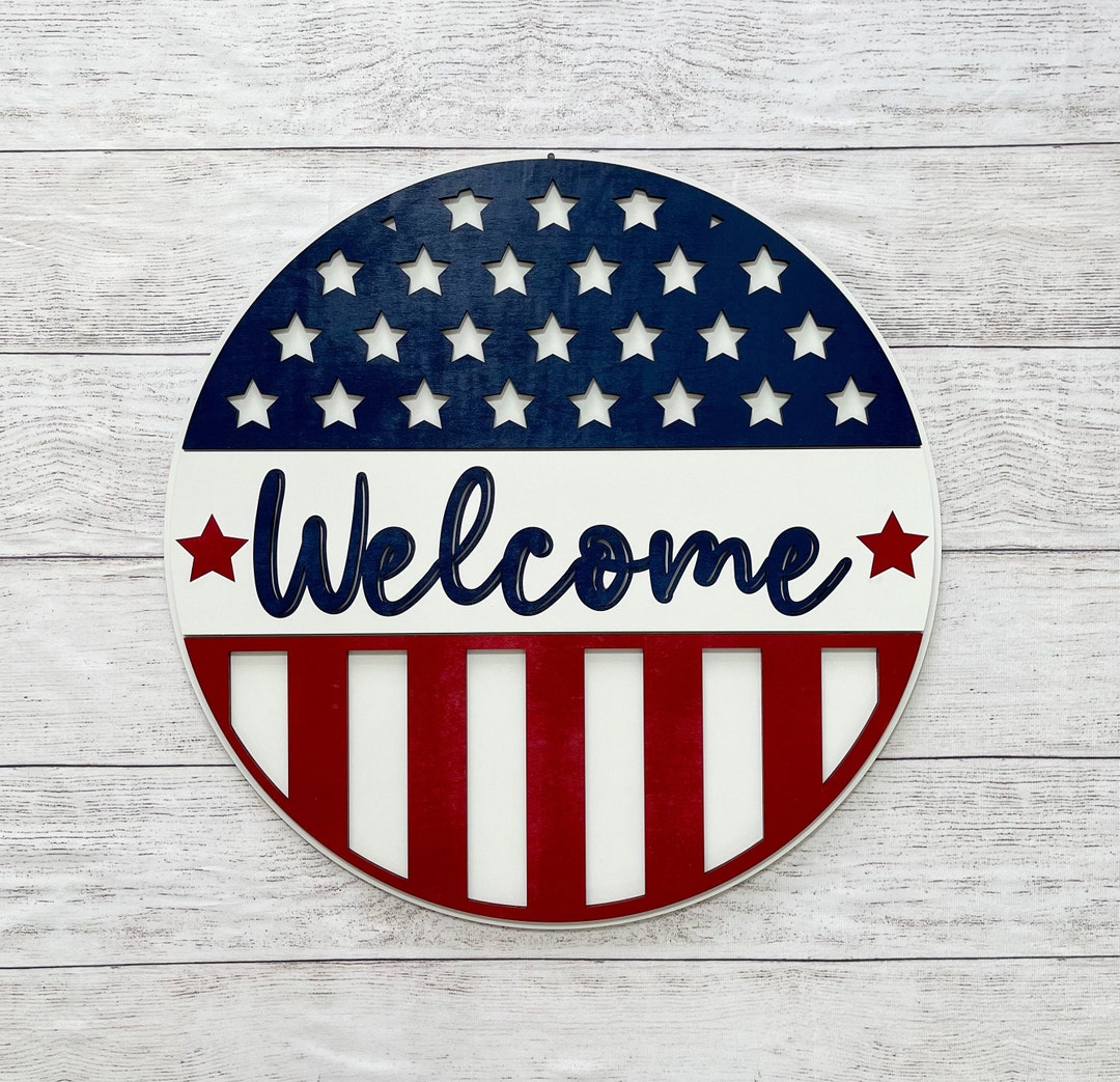 Patriotic Welcome Sign, Welcome Wreath, Front Door Sign, American Flag ...