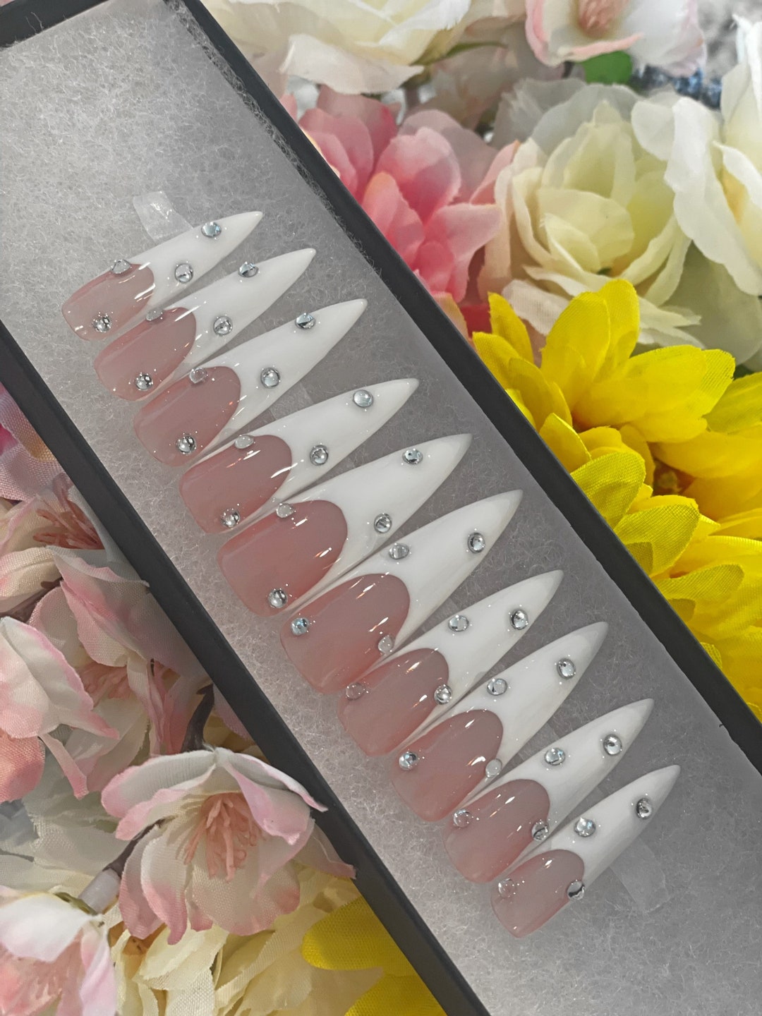 White French Tip Nails With Rhinestones | Gel Press on Nails - Etsy