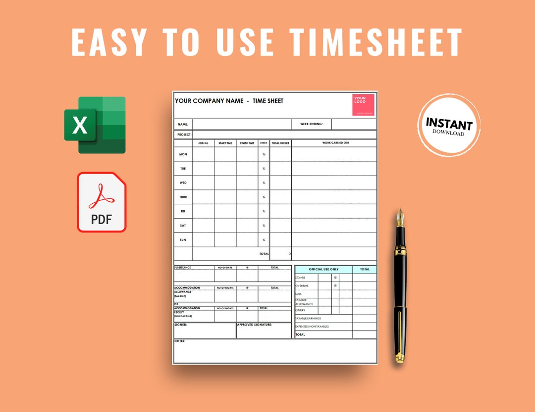 Printable Excel Timesheet Template | Excel or PDF | Business Time Sheet ...