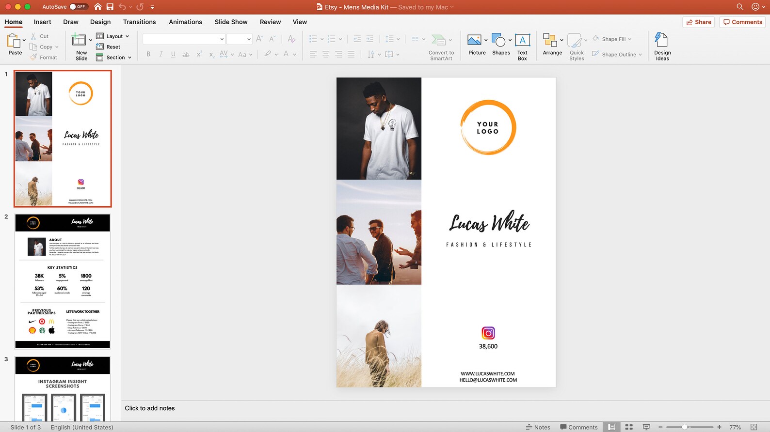 Influencer Media Kit Template - 3 Page Template for Male Social Media ...