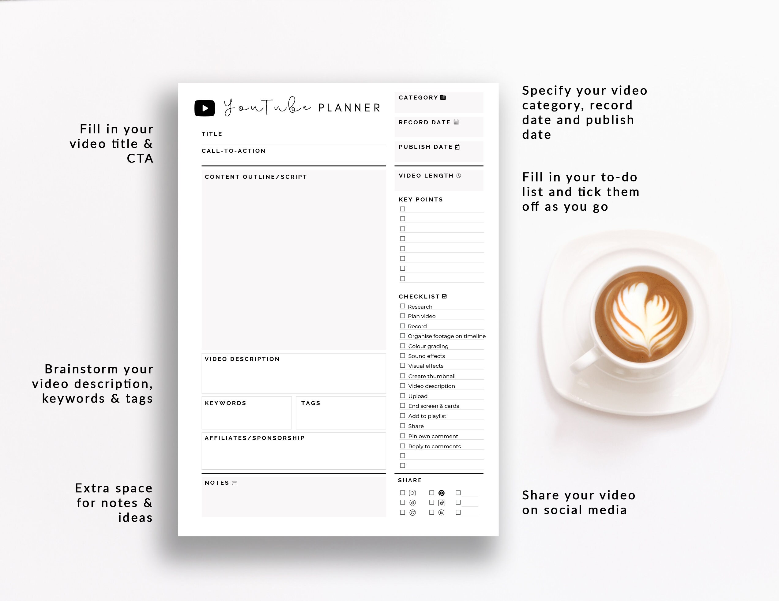 Youtube Video Planner | Youtube Video Checklist | Printable Vlog ...