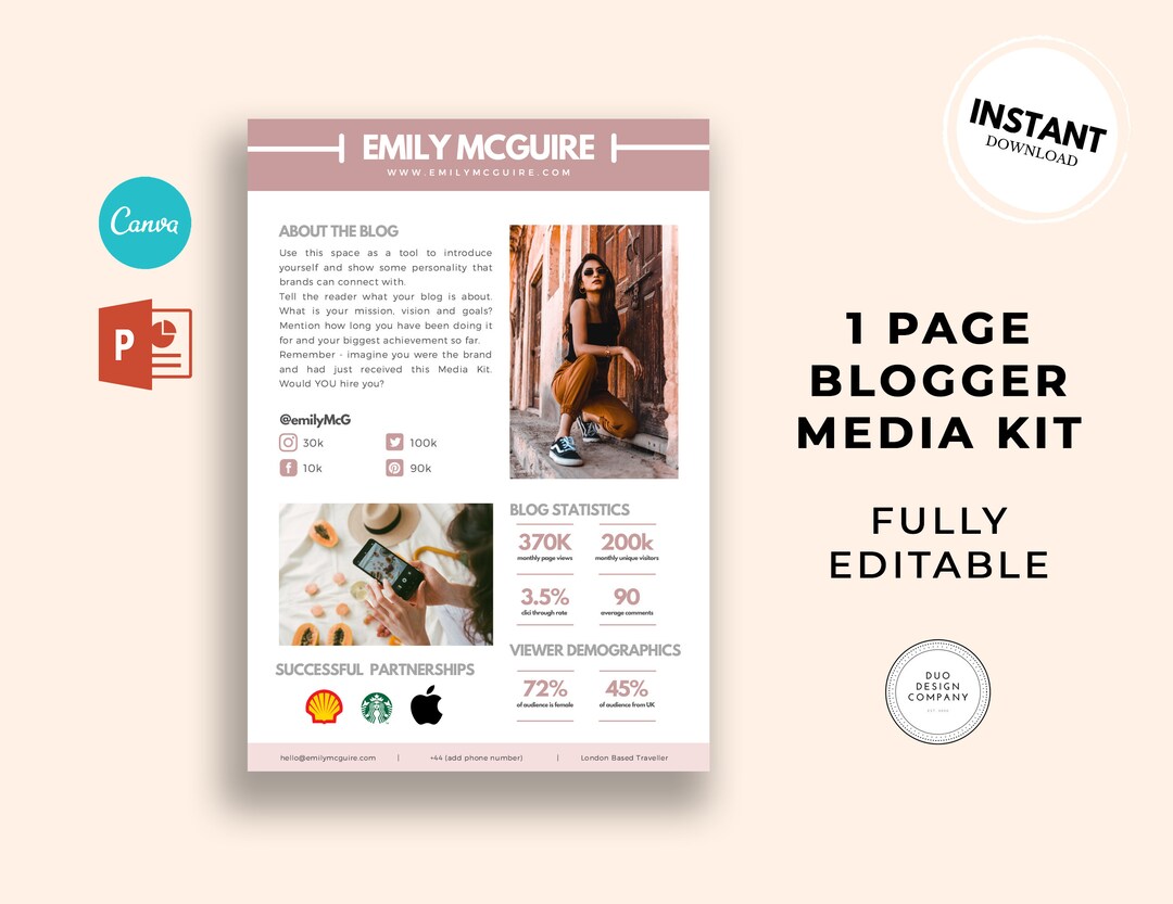 Blogger Media Kit Template | 1-page Fully Editable Media Kit Template ...