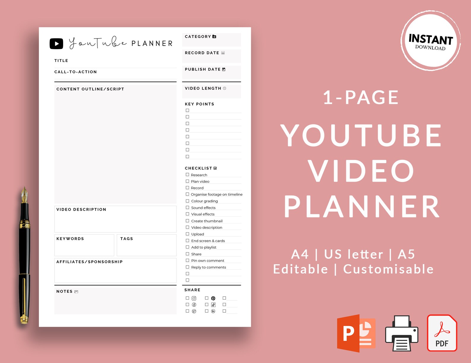 Youtube Video Planner | Youtube Video Checklist | Printable Vlog ...