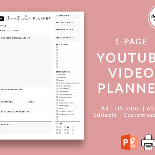 Youtube Video Planner Youtube Video Checklist Printable | Etsy