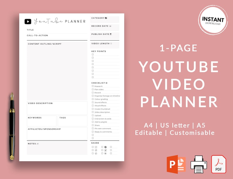 Youtube Video Planner | Youtube Video Checklist | Printable Vlog ...