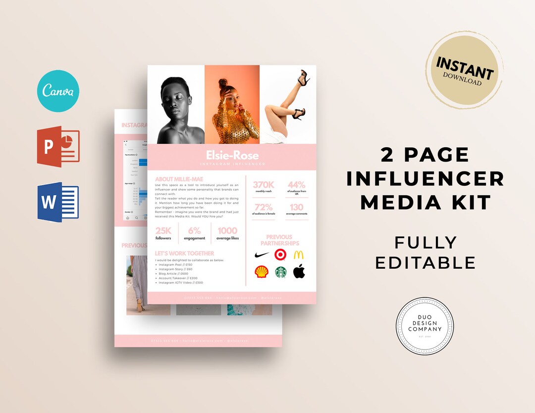 2024 Influencer Media Kit Template - 2 Page Canva Template for Social ...