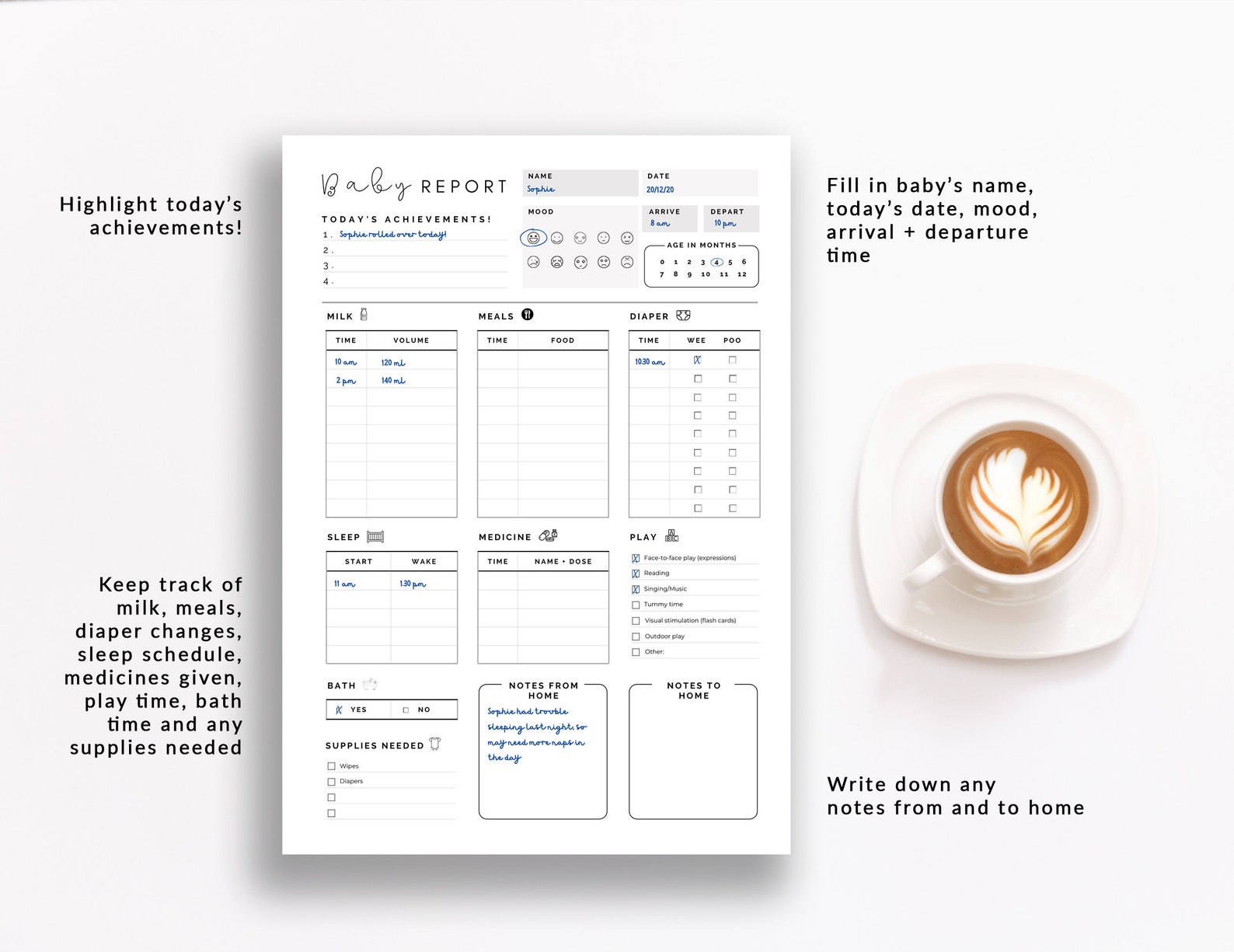 Printable Daily Baby Report | Infant Care Sheet | Baby Log for Nanny ...