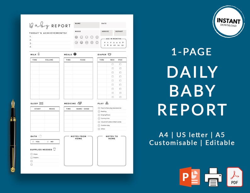 Printable Daily Baby Report | Infant Care Sheet | Baby Log for Nanny ...