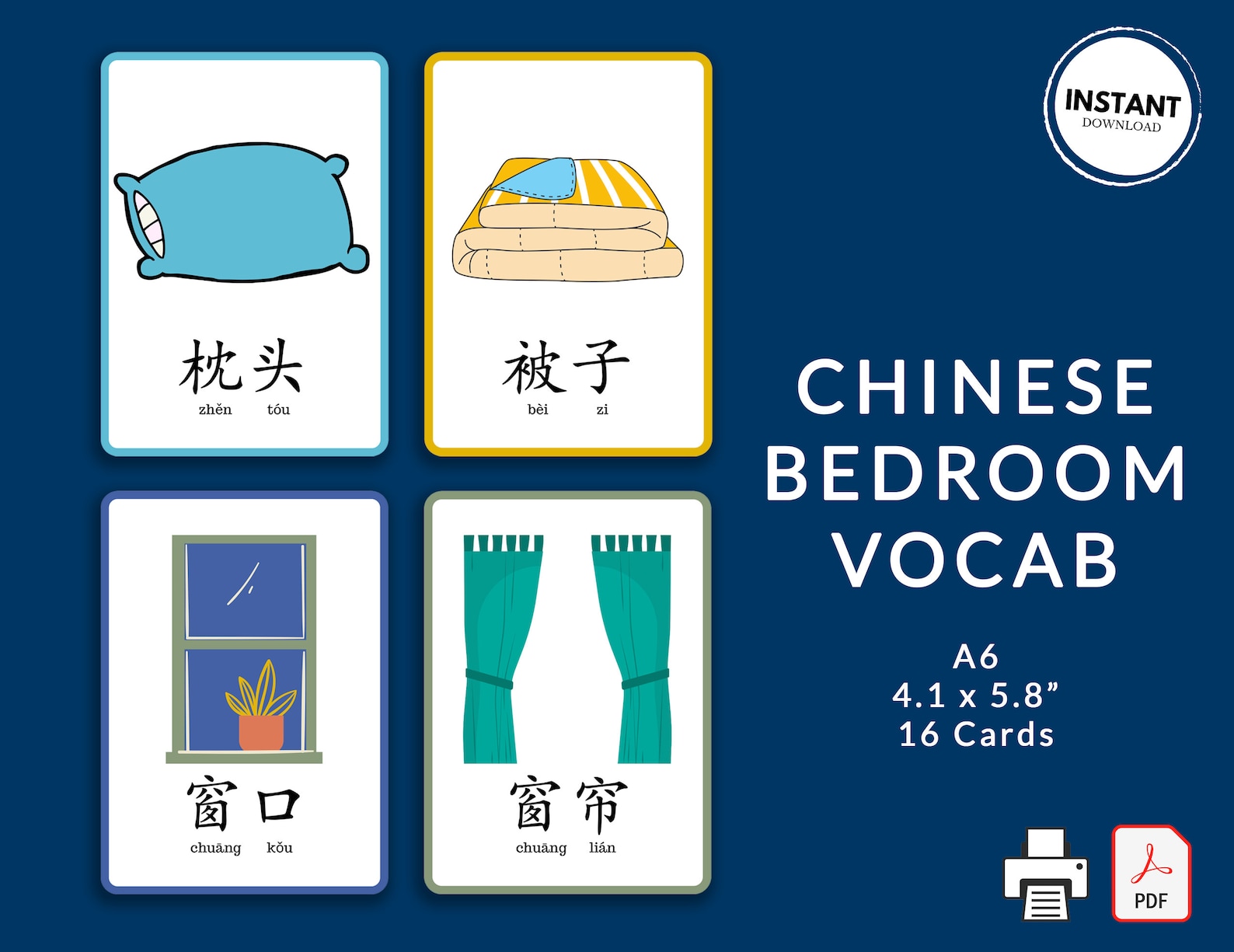 Printable Bedroom Vocabulary Flashcards in Chinese | Bedroom Vocabulary ...