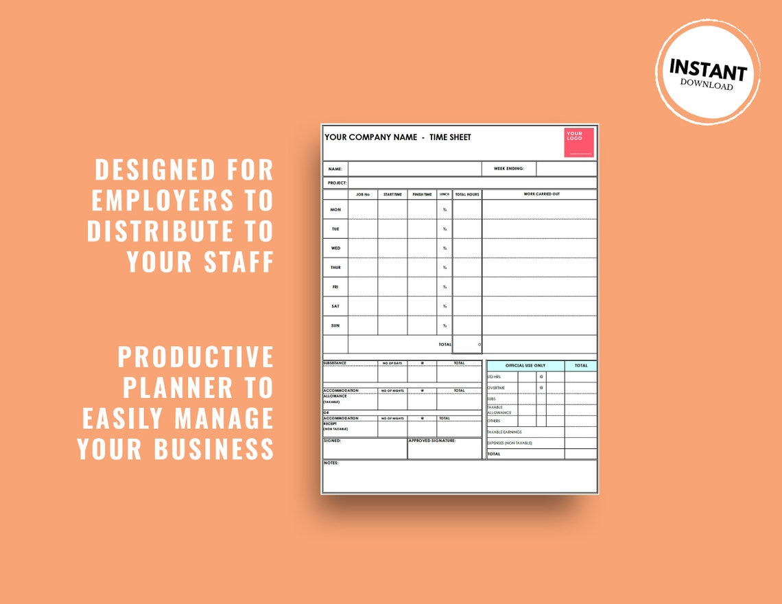 Printable Excel Timesheet Template | Excel or PDF | Business Time Sheet ...