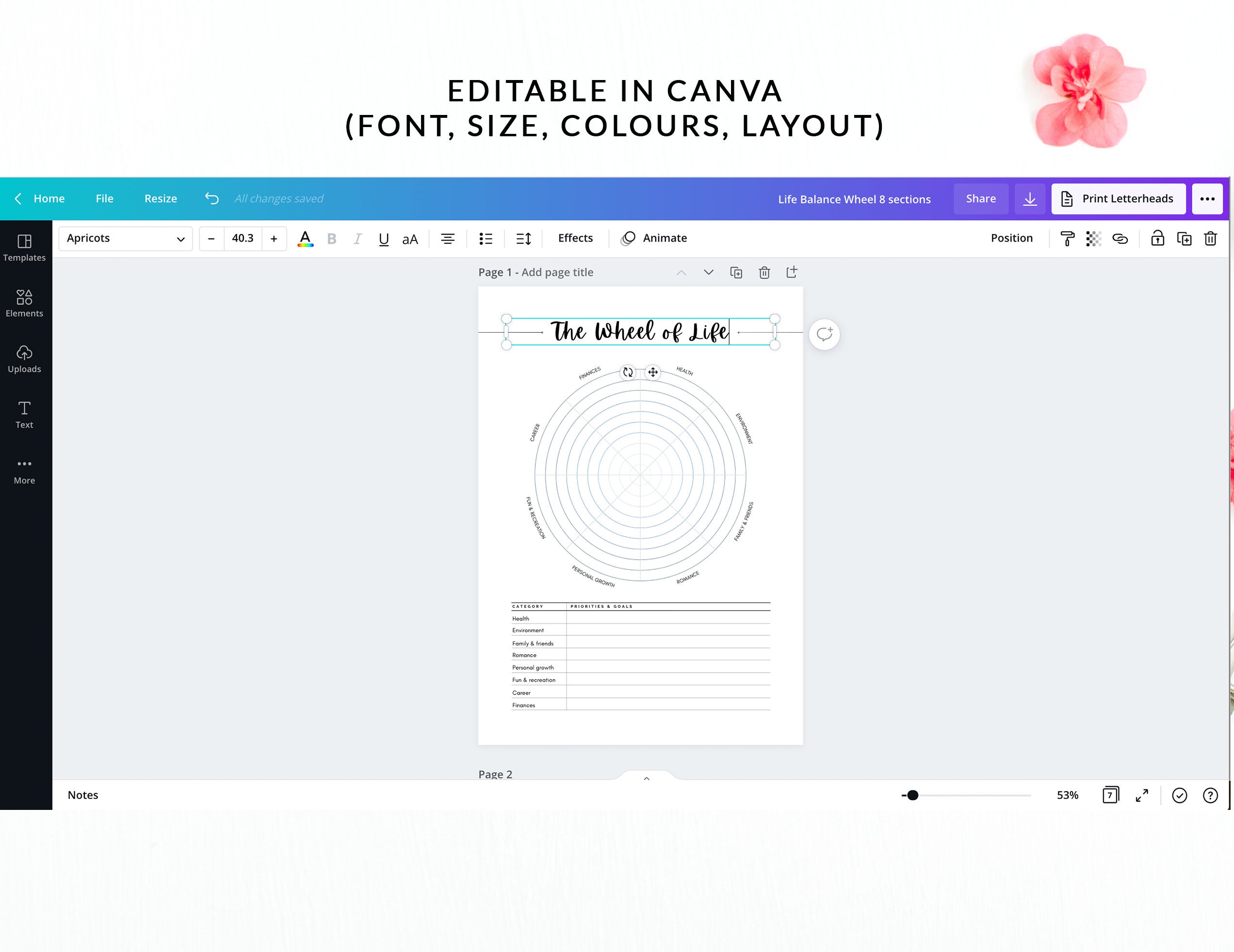 Life Wheel Balance Editable and Printable | Canva Editable Wheel of ...