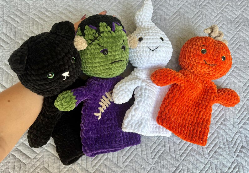 Halloween Crochet Hand Puppet Patterns PDF | Black Cat, Pumpkin ...