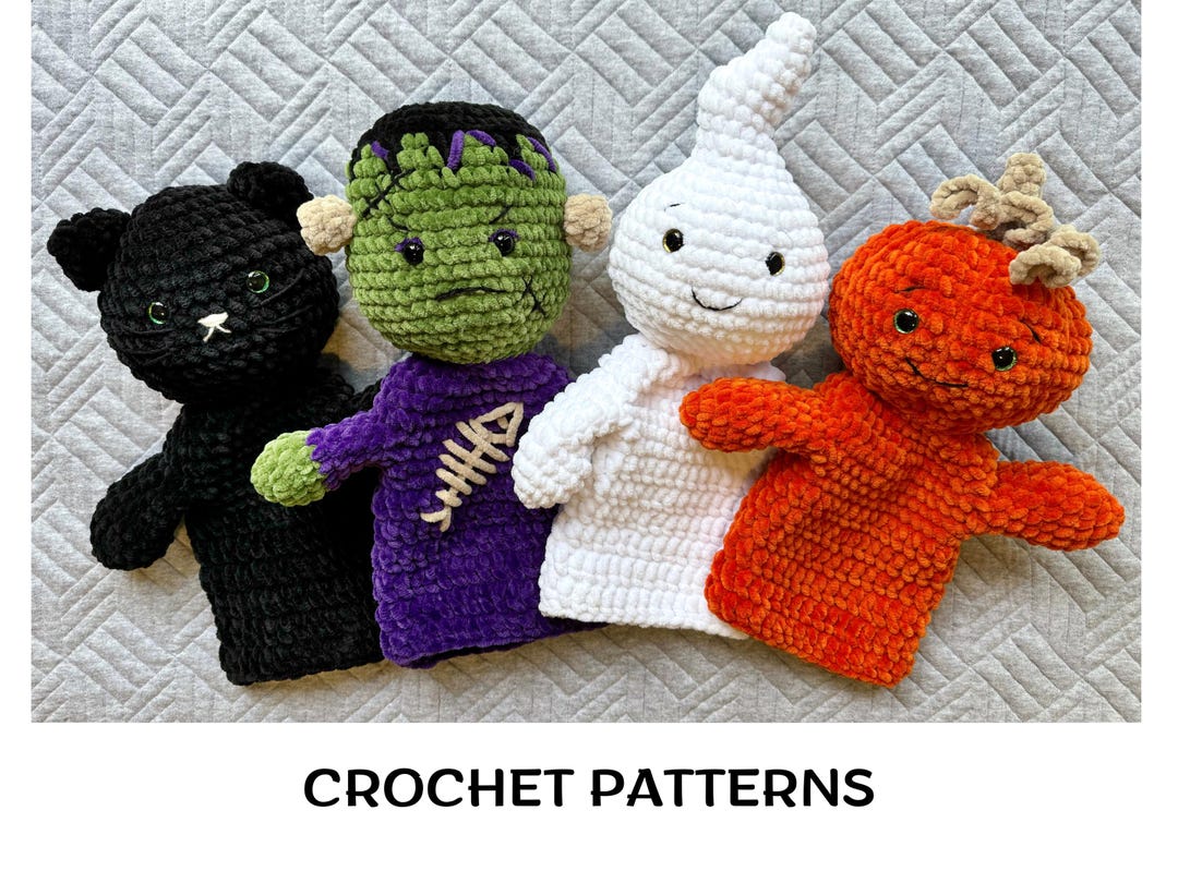 Halloween Crochet Hand Puppet Patterns PDF | Black Cat, Pumpkin ...