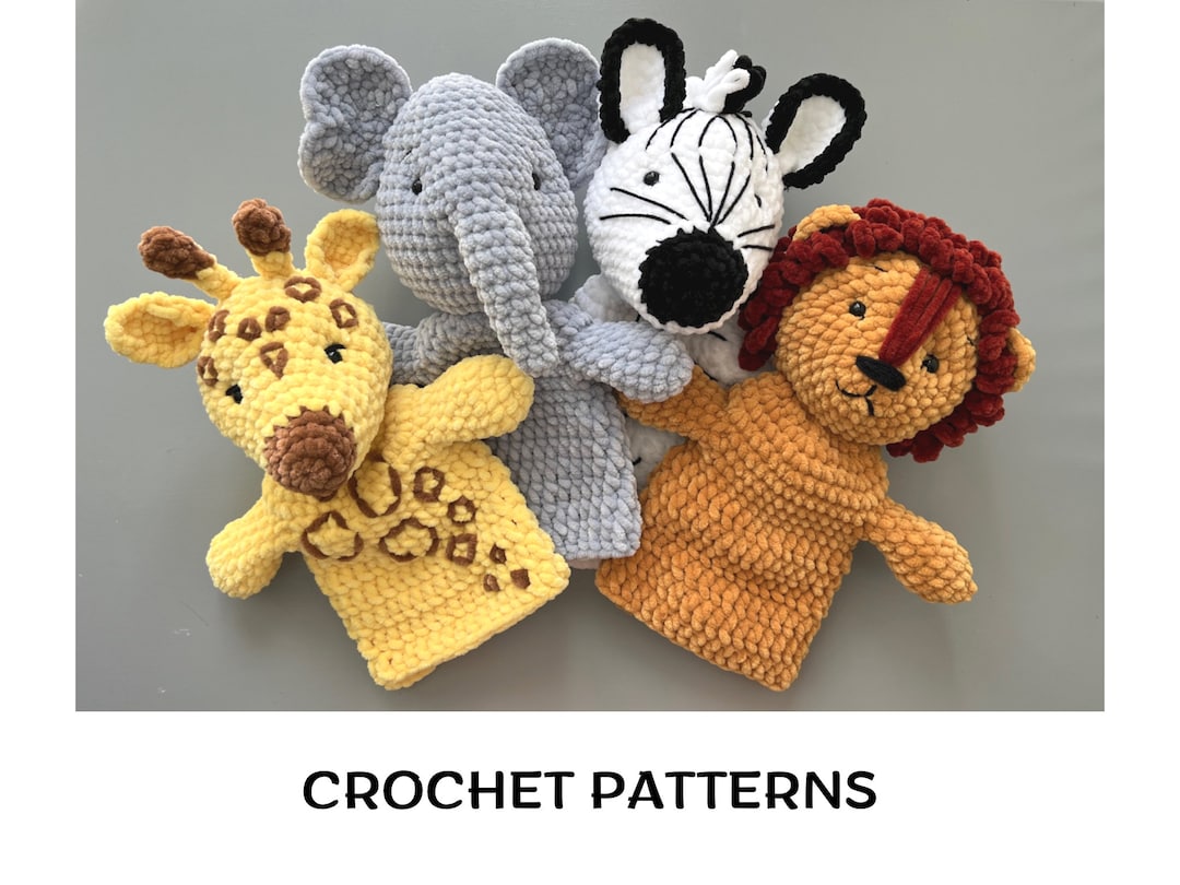 Crochet Safari Hand Puppets Patterns Set PDF | Lion, Elephant, Giraffe ...