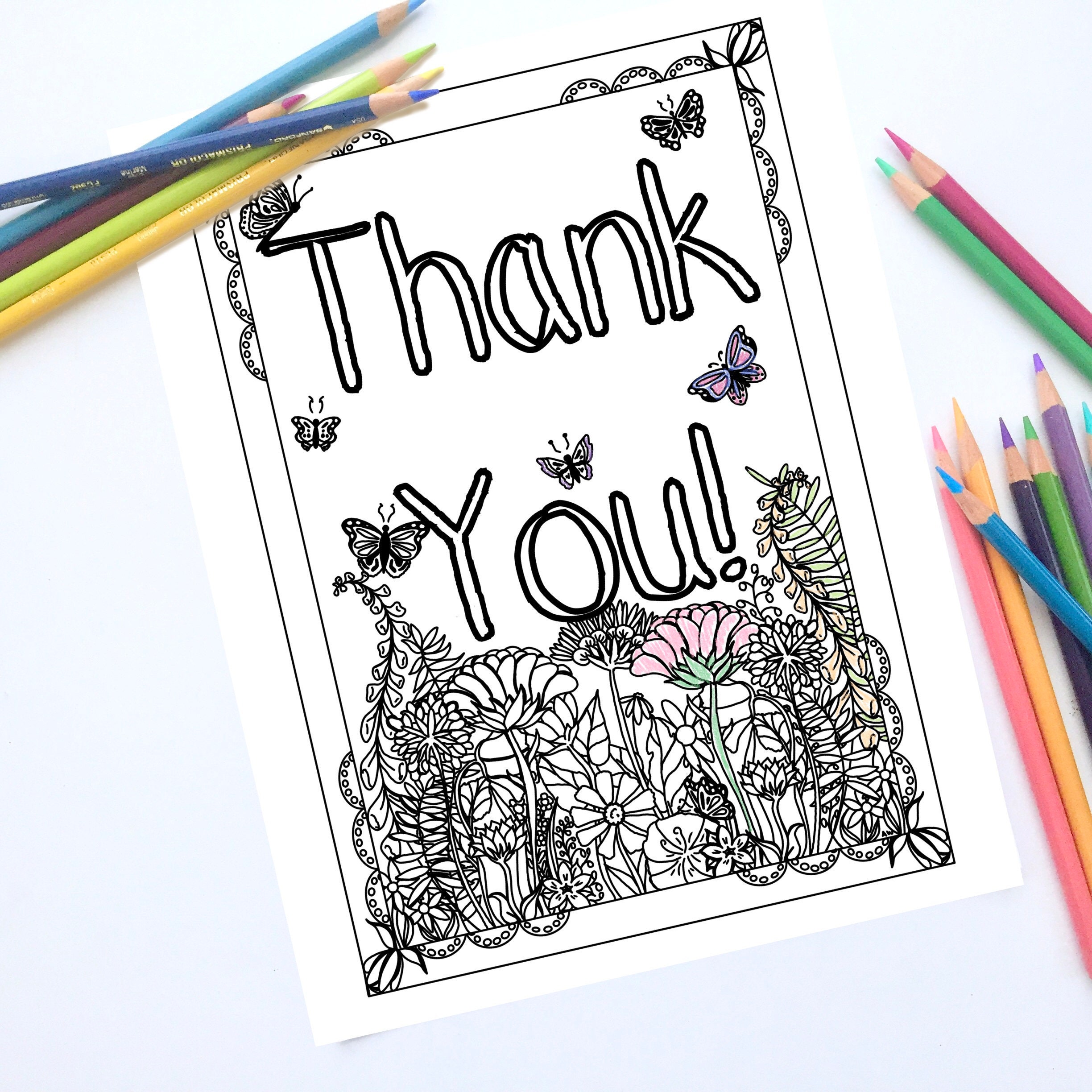 Printable Coloring Page, Thank You Themed Coloring Sheet, Flowers and ...