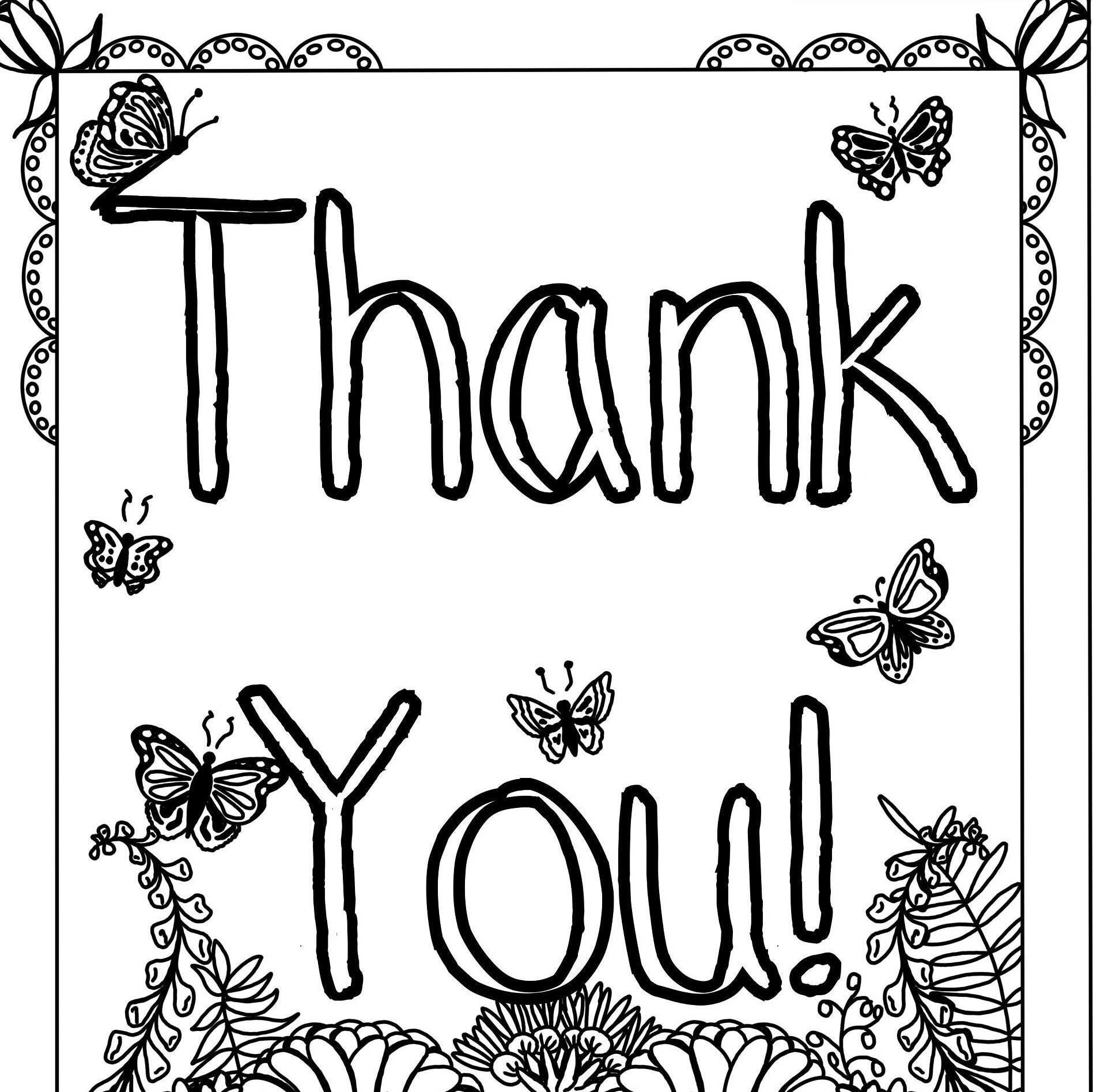Printable Coloring Page, Thank You Themed Coloring Sheet, Flowers and ...
