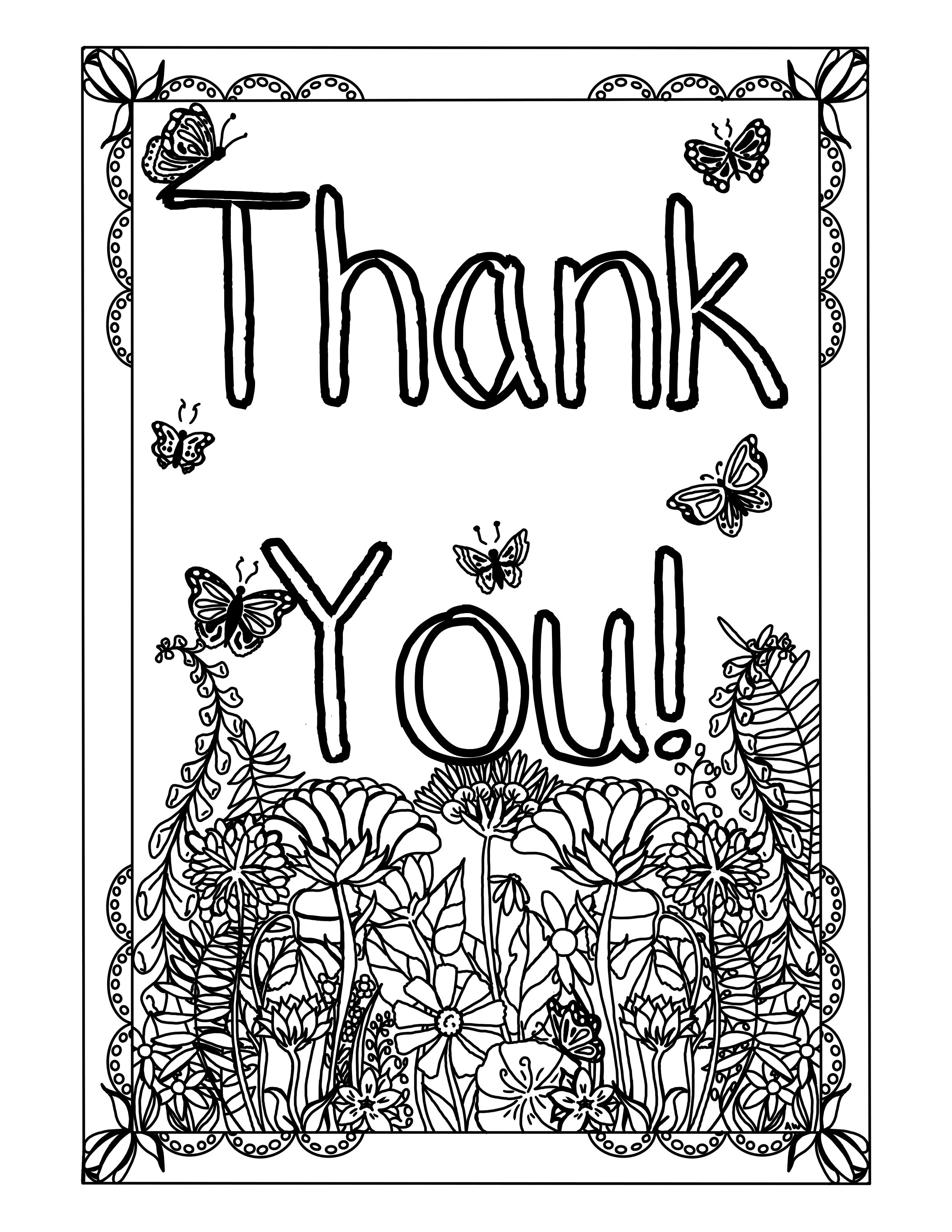 Printable Coloring Page, Thank You Themed Coloring Sheet, Flowers and ...